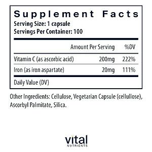 Vital Nutrients Iron Plus Vitamin C | Vegan Iron Supplement | 20mg Iron with Vitamin C to increase Iron and Energy Levels | Gluten, Dairy and Soy Free | Non-GMO | 100 Capsules