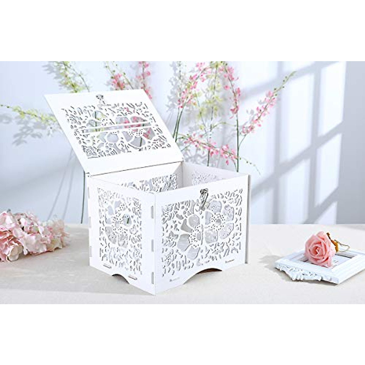 Artmag Wedding Money Box Holder with Sign, Large Rustic Wood Wooden Envelop Gift Card Boxes with Lock Slot for Reception Anniversary Party Parties White