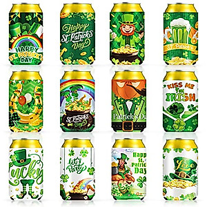 12 Pcs St. Patrick's Day Can Coolers Sleeves Lucky Green Shamrock Decoration Saint Patrick's Day Can Sleeves Congrats Beverages Soda Bottle Insulated Neoprene Cover for Irish Holiday Party Supplies