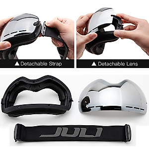 JULI Ski Goggles,Winter Snow Sports Snowboard Goggles with Anti-Fog UV Protection Detachable Dual Lens for Men Women Snowmobile Skiing Skating（Black Frame+VLT 18.5% REVO Silver）