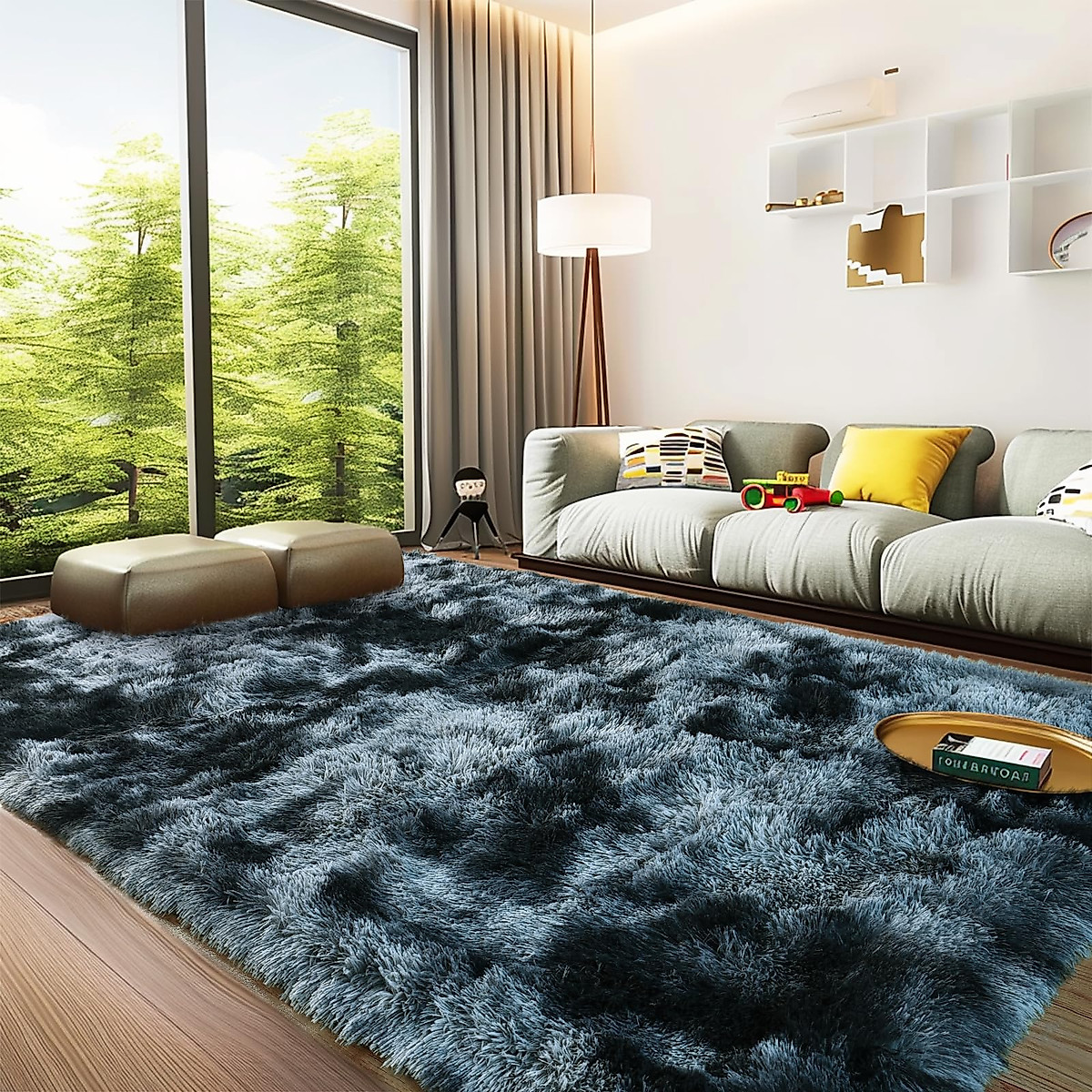 Fluffy Rug for Living Room,Furry Carpet for Teen,Shaggy Rug for Nursery Room, Tie-Dyed Blue Grey Fuzzy Plush Rug for Dorm, Rectangle Shag Rug 6x9 Feet