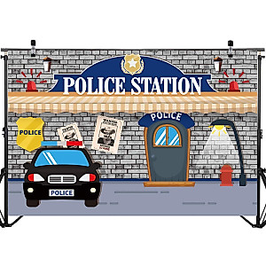 Aakihi Police Theme Happy Birthday Backdrop Banner Decorations,Police Station Party Backdrop Background Banner Birthday Baby Shower P o Booth Props Cake Table Decor 71 x 49 inch