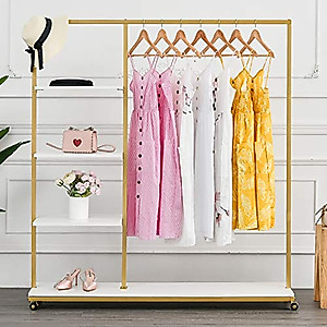 BOSURU Rolling Gold Clothing Racks on Wheels with Metal Pipes Modern Floor Standing Clothes Display Racks Hanging Clothes 4-Tier Garment Rack with Wood Shelves for Bedroom Living Room Cloth Store 59"