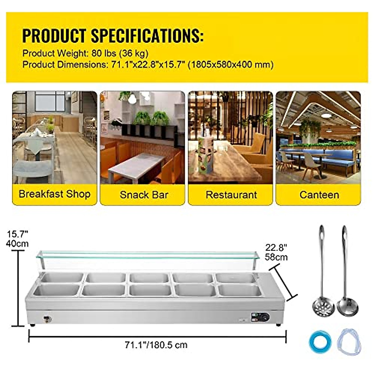 Commercial Food Warmer Bain Marie with Glass Shield - 10 Pan x 1/2 GN, 6-Inch Deep, 1500W Electric Countertop Food Warmer