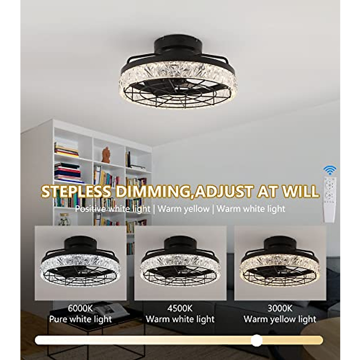 Q&S Modern Ceiling Fan with Lights,Low Profile Enclose Black Cage Semi Flush Mount Crystal Ceiling Fans with Remote 6 Speeds 3 Colors Dimmable LED Light Fixture for Bedroom Living Room Gym 18.9"