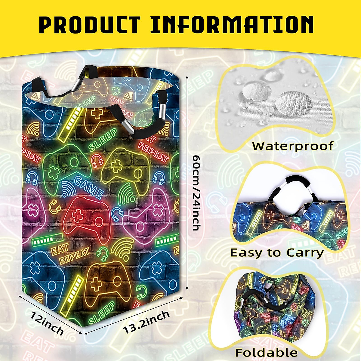 Large Size Boys Laundry Hamper Neon Gamer Basket with Handle Waterproof Foldable Lightweight Clothes Bucket Gift Toy Organizer for Laundry, Bedroom,Bathroom Decor (Neon Gamer)