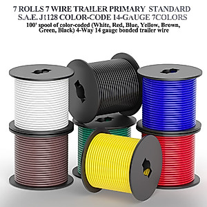 GOGOONE 7X Rolls Trailer Wiring Harness Kit Enough14 Gauge Automotive Primary Wire Spools RV Standard Low Voltage CCA for RV Camper Towing Wiring Car Stereo Audio Hookup Wiring 12V (700FT Total)