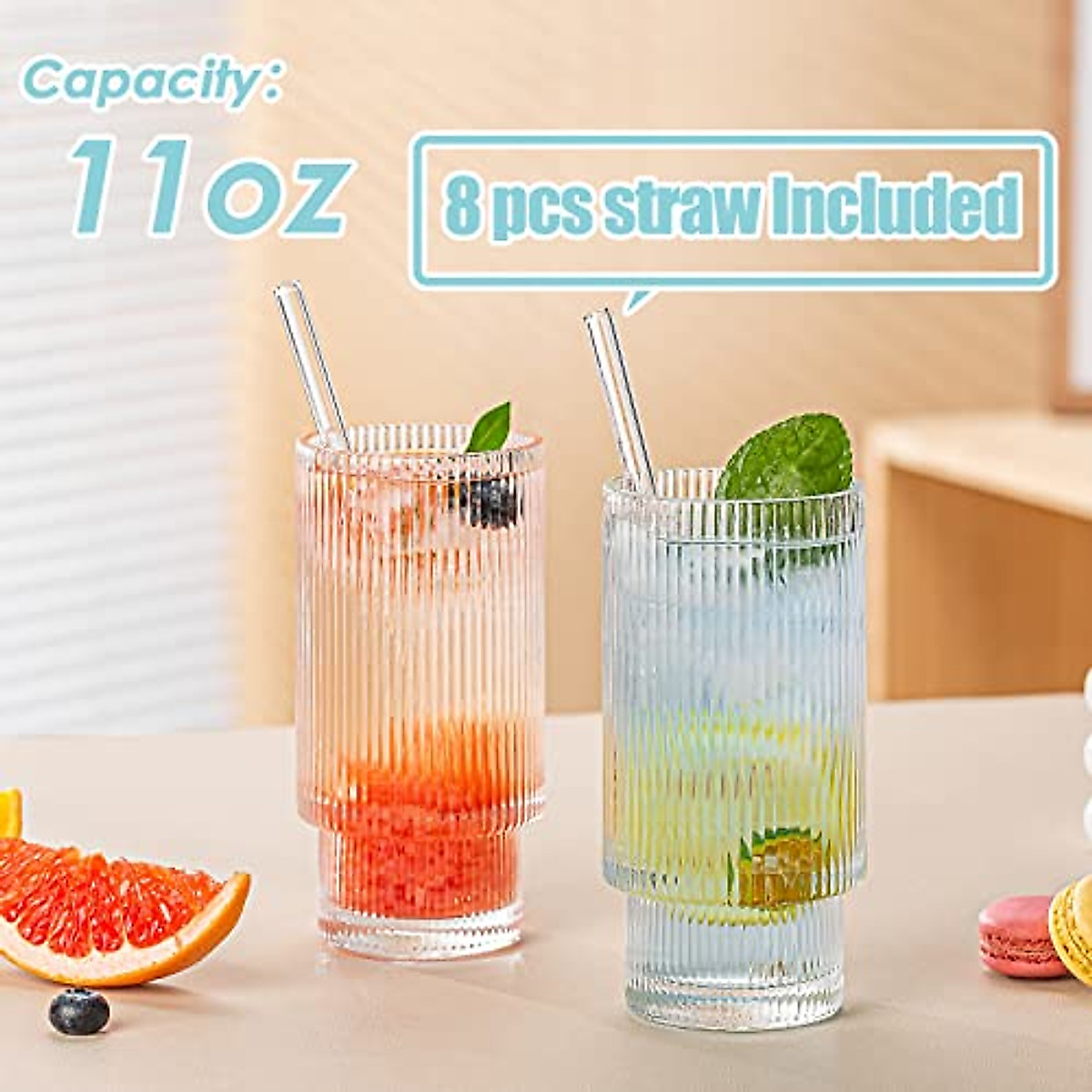Claplante Drinking Glasses, Origami Style 6 pcs Glass Cups with straw, 11oz Highball Glasses, Elegant Ripple Vintage Glassware, Ribbed Glasses, Iced Coffee Glasses Ideal for Cocktail Whiskey, Juice