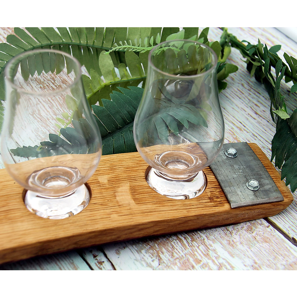 Barrel-Art Premium 4 Glass Whiskey Flight/Natural (light Oak)/ Crystal Glasses