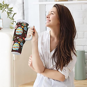 RPLIFE Cute Easter Bunnies Brown 40oz Tumbler with Handle, Stainless Steel Water Bottle with Straw, Travel Coffee Tumbler