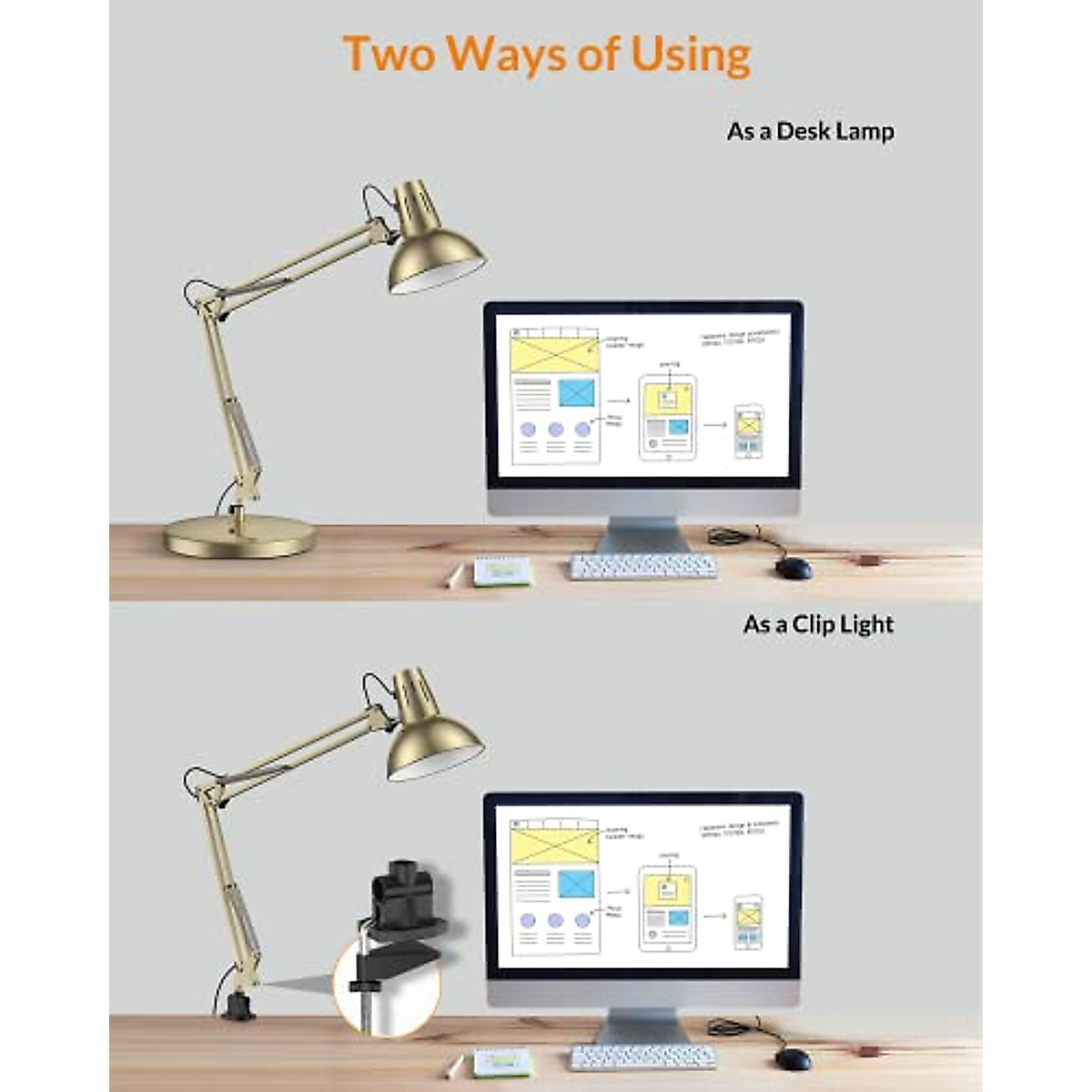 LEPOWER Metal Desk Lamp, Adjustable Goose Neck Architect Table Lamp with On/Off Switch, Swing Arm Desk Lamp with Clamp, Eye-Caring Reading Lamp for Bedroom, Study Room &Office (Brass)