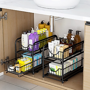 AIYAKA under sink storage 2 Tier Stackable Sliding Basket Organizer Drawer For Kitchen And Bathroom/Cabinet Drawers,2-piece,black