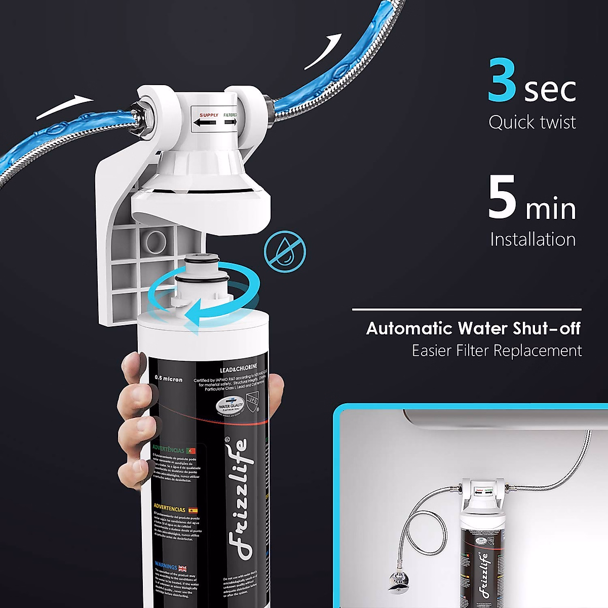 Frizzlife Under Sink Water Filter System-NSF/ANSI 53&42 Certified High Capacity Direct Connect Under Counter Drinking Water Filtration System-0.5 Micron Reduces Lead, Chlorine, Bad Taste & Odor