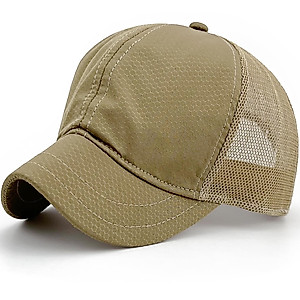 REDSHARKS mens Short Bill Quick Dry Brim Mesh Back Trucker Baseball Dad Cap, Khaki, 7