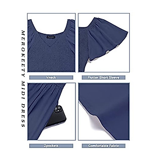 MEROKEETY Women's V Neck Smocked Midi Dress Ruffle Sleeve Elastic Waist Flowy Dress with Pockets, Dustyblue, M