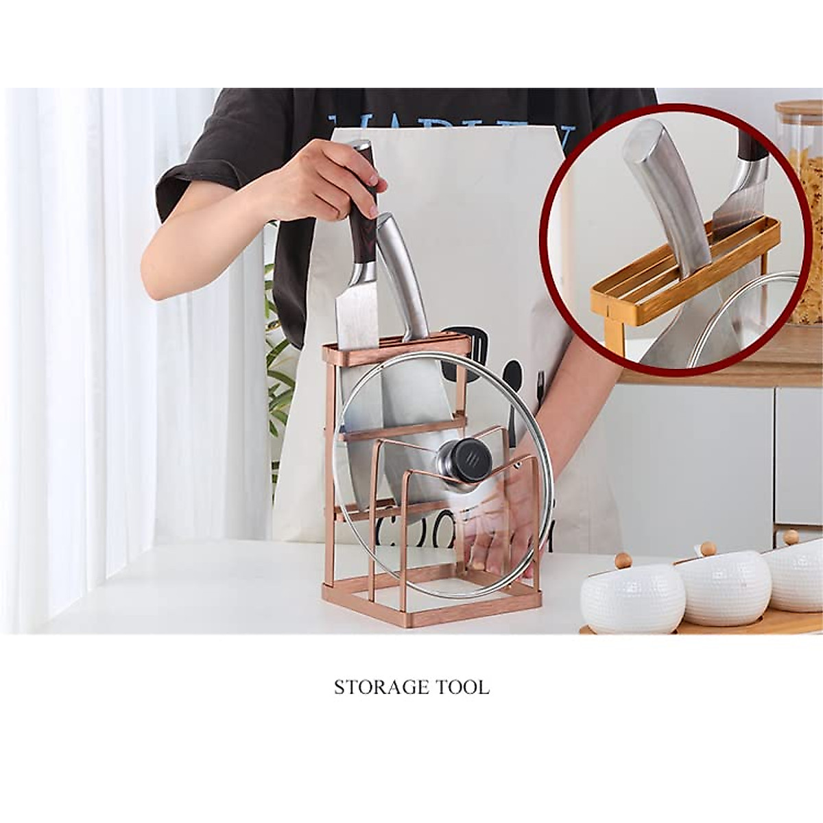 Knife Holder Bakeware Organizer Pot Lid Holder Rack for Pots, Cake Molds, Cutting Boards, Mats, Cookware-Rose Gold