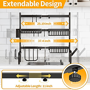 Urackify Over The Sink Dish Drainer Drying Rack, Adjustable (25.19"-37.4") Over Sink Dish Drying Rack, Extra Large Extendable Dish Rack Above Kitchen Sink, 3 Tier Dish Strainer with Storage Basket
