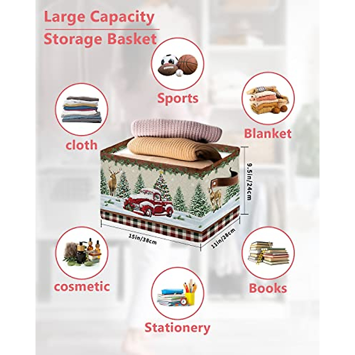 Christmas Storage Bins, Christmas Truck Xmas Tree Elk Snowflake Red Green Plaid Storage Baskets for Organizing Closet Shelves Clothes Decorative Fabric Baskets Large Storage Cubes with Handles
