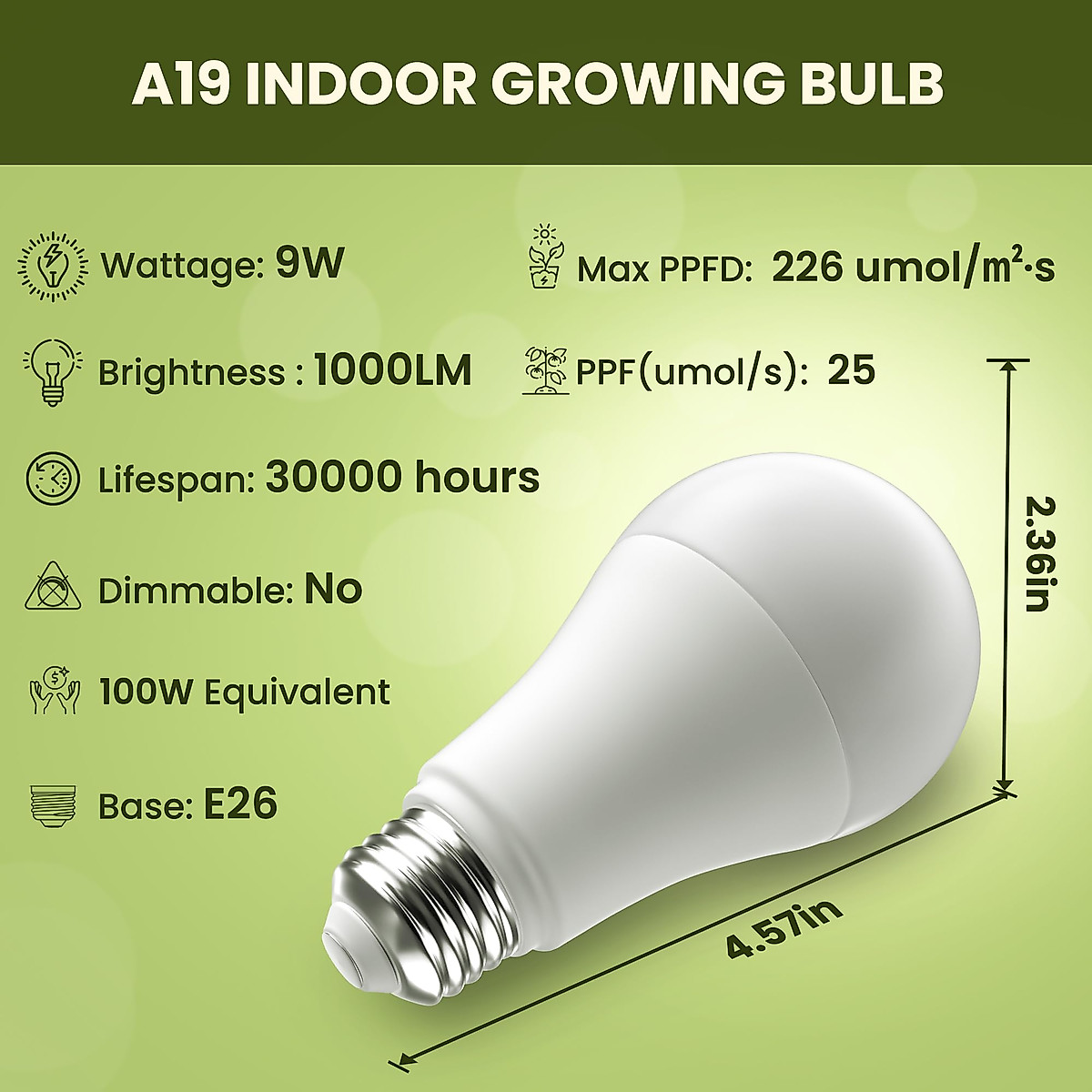 Grow Light Bulbs, LED Grow Light Bulbs A19, Full Spectrum Plant Light Bulbs, 100W Equivalent Grow Bulb, E26 Base, 9W Grow Lights for Indoor Plants, Flowers, Seed Starting, Greenhouse, 4000K, 2-Packs