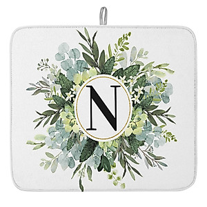 LIFEMUSION Eucalyptus Leaves Dish Drying Mat for Kitchen Counter, Monogram Letter N Baby Bottle Microfiber Drying Pad, Watercolor Teal Botanical Absorbent Coffee Cup Dishes Drainer Mats 16"x18"