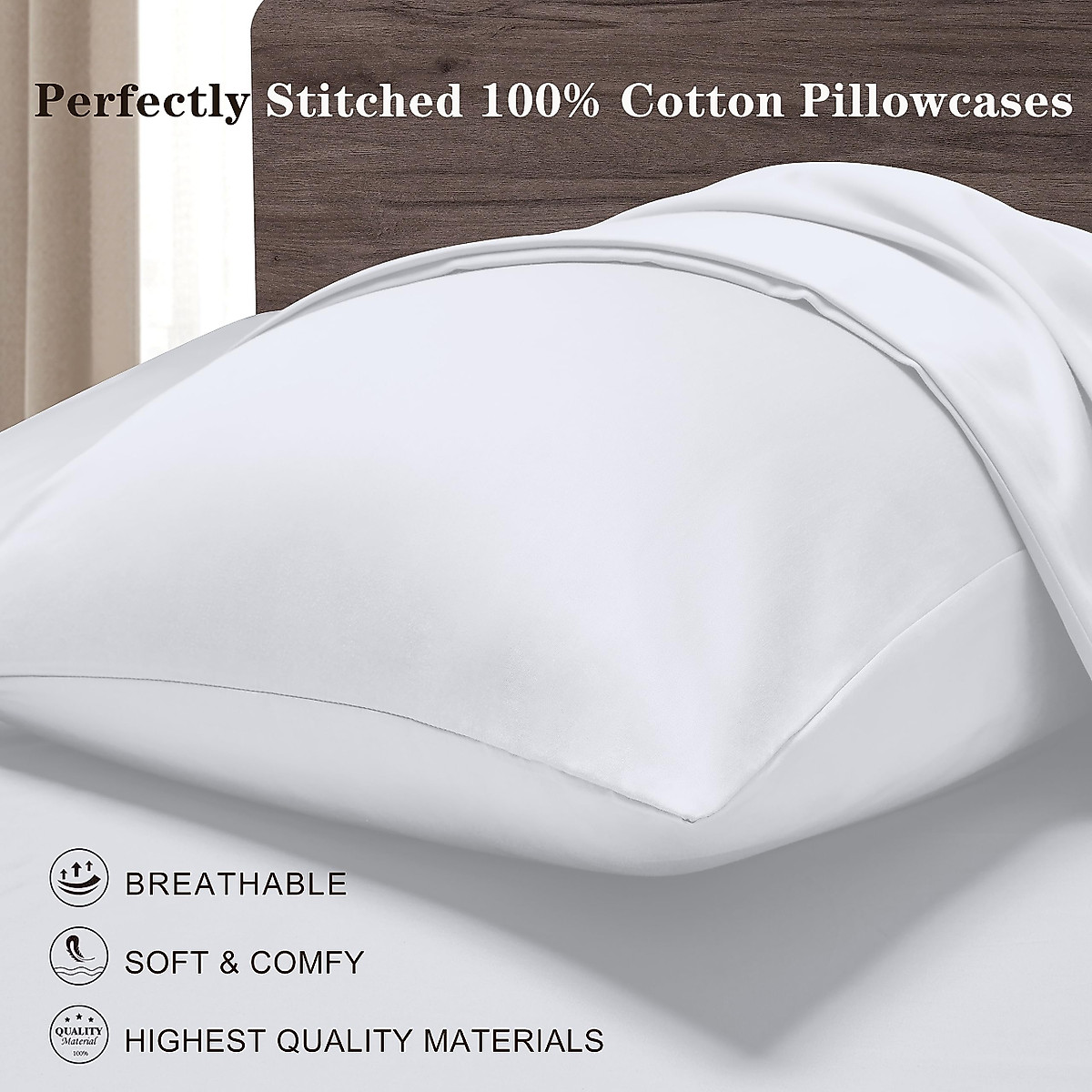 Cotton Pillow Cases Standard Size Set of 2, 800 Thread Count 100% Egyptian Cotton Sateen Weave Pillowcases, Natural Soft & Breathable Pillow Covers with Envelope Closure (White 2Pcs)