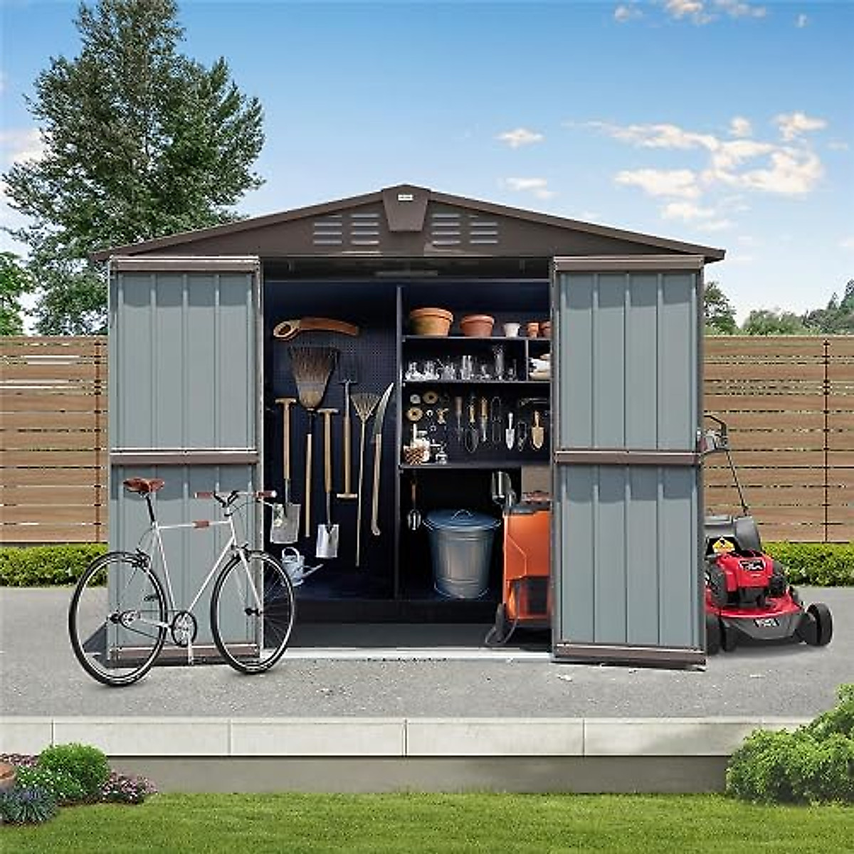 UBGO Outdoor Storage Shed 8.2' x 6.2',Garden Tool Storage Shed,Metal Steel Utility Tool Shed Storage House with Double Lockable Doors & Air Vents for Backyard Patio Garden Lawn-Brown
