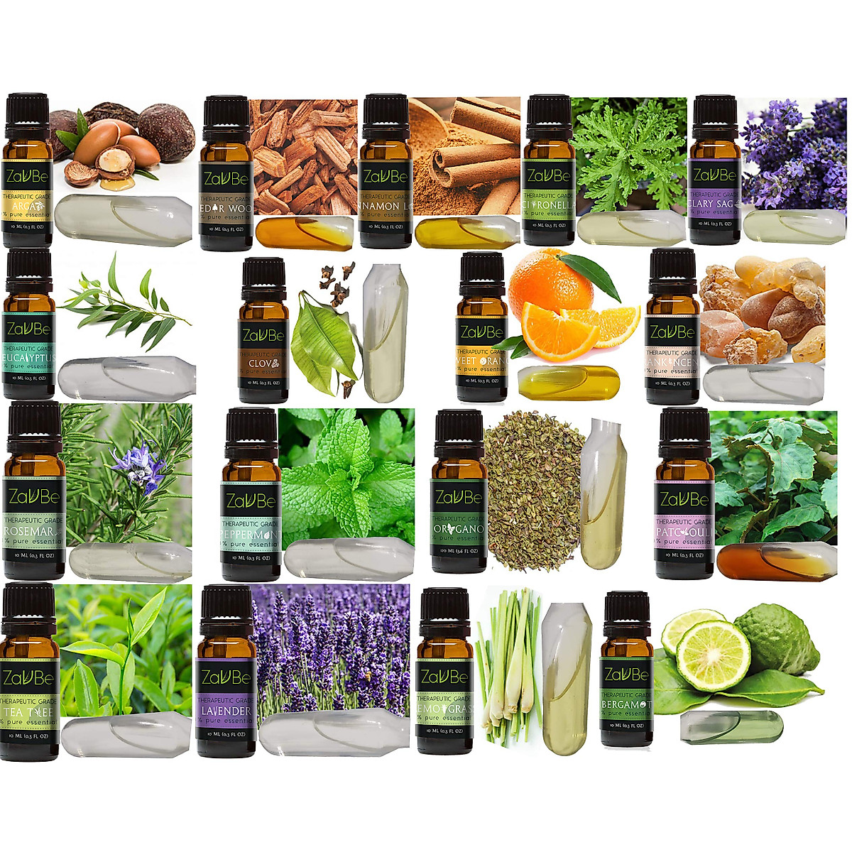 MABUA 18 Essential Oil Set with 20 Holes Case Natural Therapeutic 100% Diffuser Aromatherapy Grade Lavender Lemon Peppermint TeaTree Argan Frankincense Bergamot Lemon