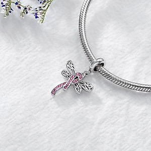 AOBOCO Breast Cancer Awareness Charm 925 Sterling Silver Dragonfly Pink Ribbon Charm Bead for Bracelet Breast Cancer Survivor Gifts for Women