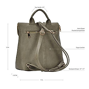 MMS Brands Miztique The Diana Backpack Purse for Women, Flap Over Tote Bag, Soft Vegan Leather - Olive