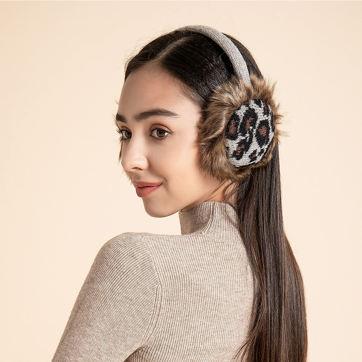 ZLYC Winter Faux Fur Adjustable Earmuffs Cute Knit Fuzzy Ear Muffs for Women Girls (Leopard Gray)