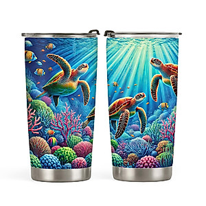 20oz Sea Turtle Tumbler, Gifts for Turtles Lovers, Ocean, Beach Gifts, Coffee Thermos for Women, Men, Stainless Steel Double Wall Vacuum Insulated Coffee Mug, Travel Cup with Lid