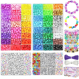 Gionlion 4200Pcs Pony Beads for Bracelet Making Kit, 48 Colors Christmas Bracelet Making Kit, 2500pcs Rainbow Kandi, 1700pcs Friendship Letter Beads with 20 Meter Elastic Strings for Jewelry Making