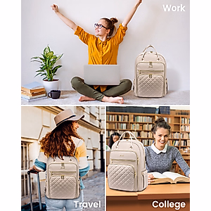 LOVEVOOK Laptop Backpack for Women, 15.6 Inch Computer Backpack for Teacher Nurse with Water Resistant, Lightweight Travel Work Backpack with USB Charging Port, Quilted Commuter Backpack purse, Beige