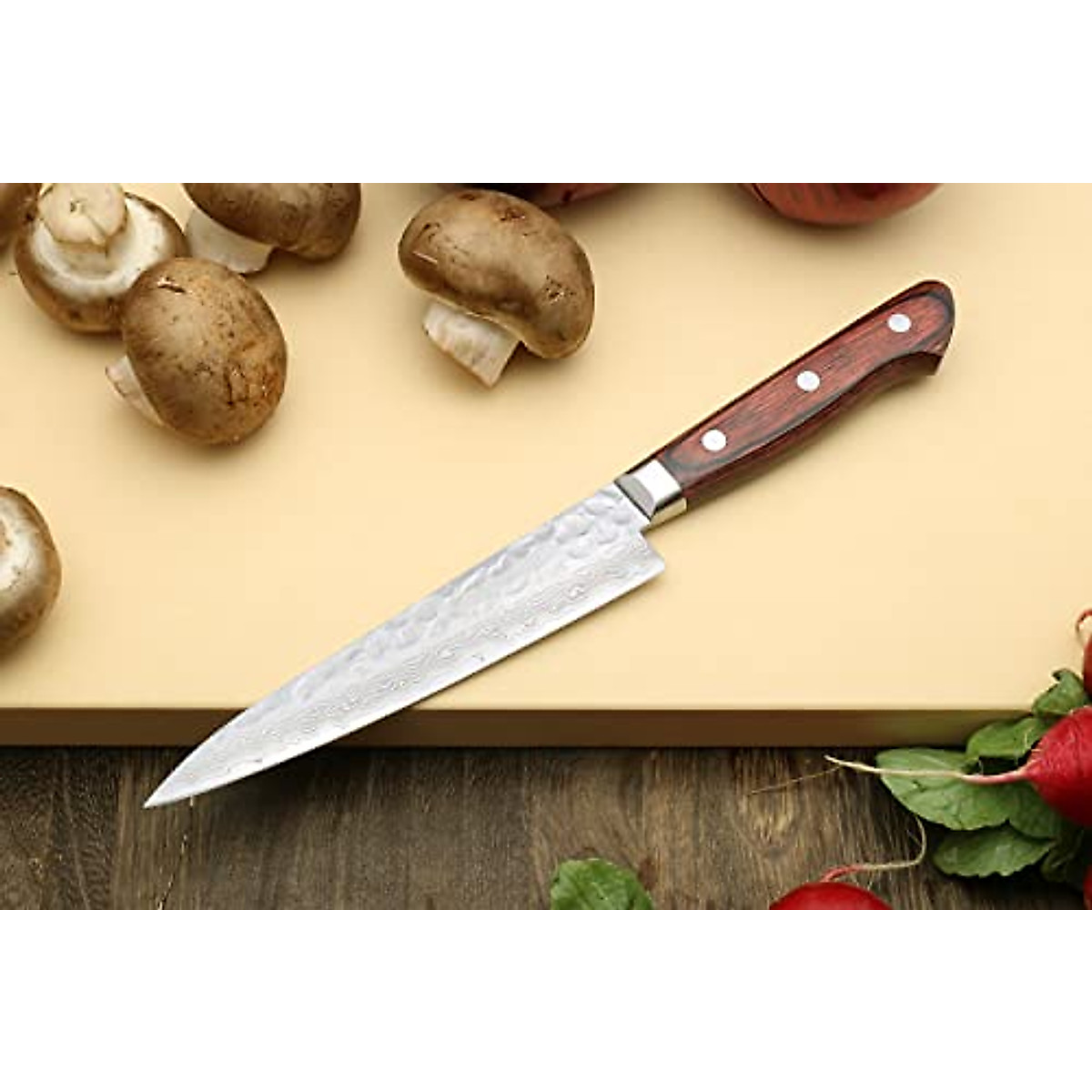 Yoshihiro VG-10 16 Layer Hammered Damascus Stainless Steel Petty Utility Knife (5.3'' (135mm))