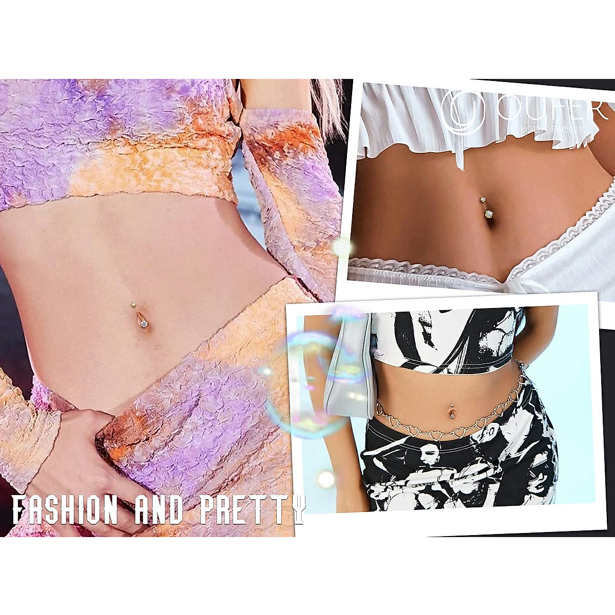 OUFER Gold Belly Button Rings, 14K Solid Gold Belly Rings, Shiny Clear CZ Belly Piercing Jewelry, Navel Rings, Long Navel Belly Rings For Women Men-14MM