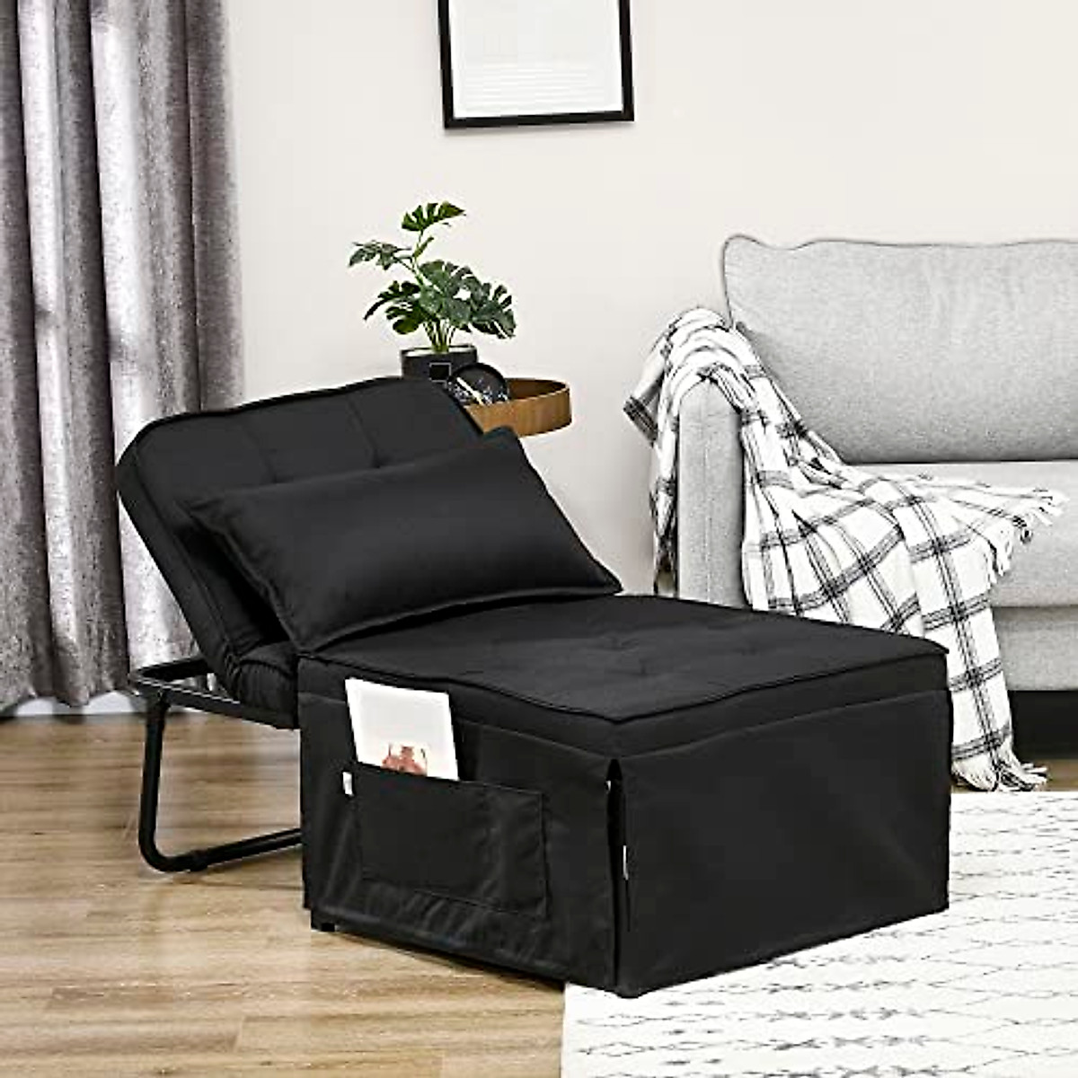 HOMCOM Ottoman Sofa Bed, 4 in 1 Multi-Function Button Tufted Folding Sleeper Chair Bed with Adjustable Backrest, Pillow, Side Pocket for Home Office, Bedroom, Living Room, Black