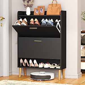 HOMEFORT Shoe Cabinet for Entryway, Shoe Storage Cabinet with 2 Flip Drawers, 30" Narrow Shoe Organizer Cabinet for Front Door Entrance, Modern Slim Hidden Shoe Rack Cabinet in Balck