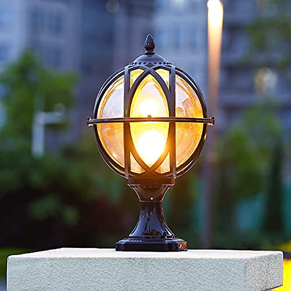 JSBDPHW European Style E27 Pillar Lamp Outdoor Post Light Fixture Creative Spherical Column Light Glass Lampshade Waterproof IP55 Villa Garden Decoration Landscape Light