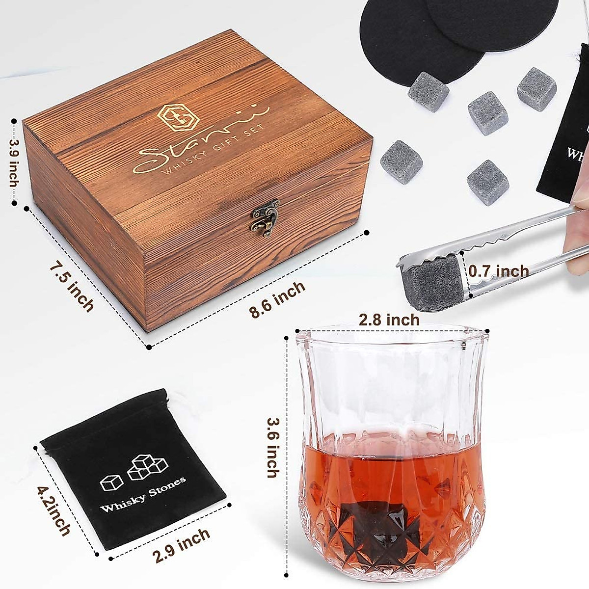 Whisky Glass Set for Men, Elegant Whisky Stones Set Included 8 Granite Whisky Rocks Chilling Stones and 2 Whisky Glasses, Nice Gift for Father’s Day, Valentine's Day and Anniversary