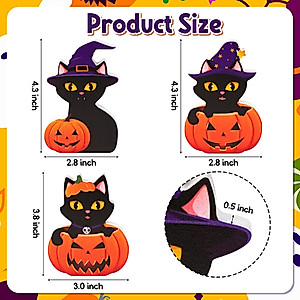 JAPBOR 3Pcs Halloween Wooden Centerpieces Table Decorations, Witch Hat Black Cat Pumpkin Tiered Tray Set Desk Decor, Happy Fall Halloween Party Themed Sign Wood Block Tabletop Décor for Home Kitchen