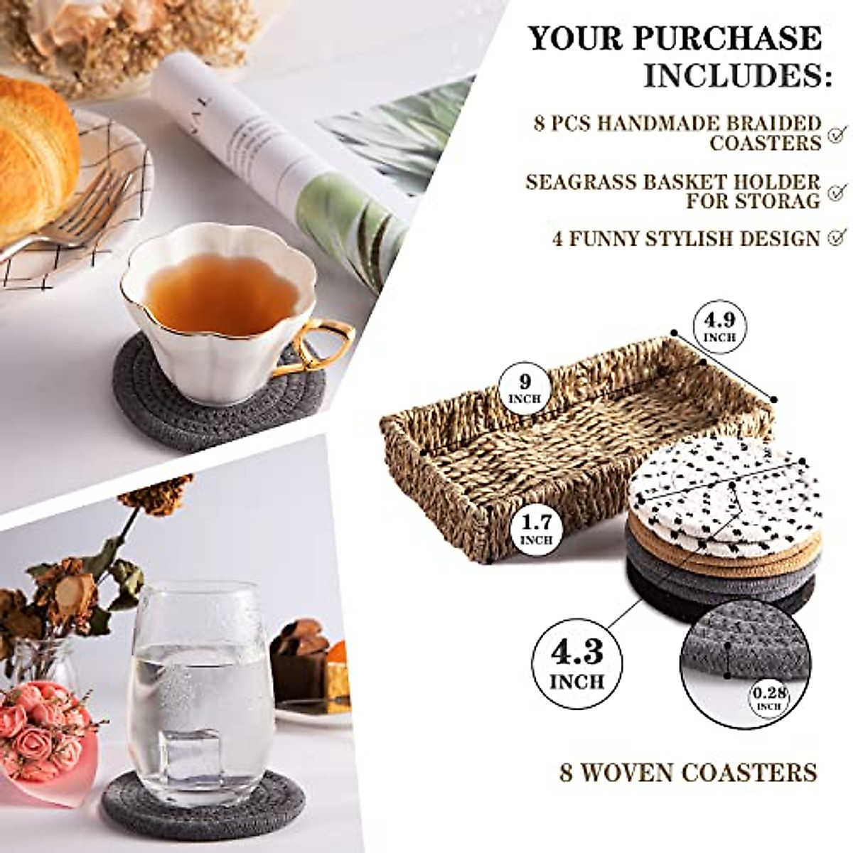 Coasters for Drink Absorbent, Handmade Woven Coasters Set of 8 with Seagrass Basket Holder, Heat-Resistant Coaster for Table Protection, Boho Fabric Coasters Suitable for Kinds of Cups