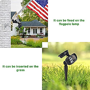 Flag Pole Light Solar Powered, 2 in 1 House Mounted Flagpole Solar Light, Metal Clamps Fits 1” to 3.5” in Diameter Flagpole, Super Bright 4 LED Outdoor Dusk to Dawn for Wall-Mount Spinning Flag Poles