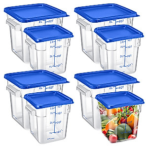 Suclain 8 Pcs Restaurant Food Storage Containers with Lids Set 4qt and 6qt Square Clear Commercial Containers with Scales Handles for Home Marinating Meat Proof Dough Kitchen Food Storage(Blue)