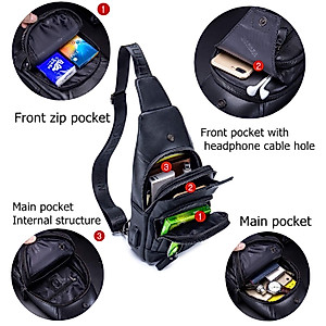 BULLCAPTAIN Genuine Leather Mens Sling Bag Multipurpose Travel Crossbody Chest Bag Daypacks with USB Charging Port (Black)