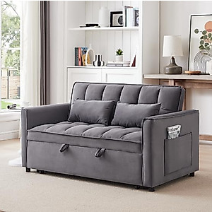 LUMISOL 3 in 1 Sleeper Sofa Couch Bed with Pillows, 55.1” Velvet Convertible Double Sofa Bed with Adjustable Back and Storage Packets, Pull Out 2-Seater Sleeper for Living Room, Dark Grey