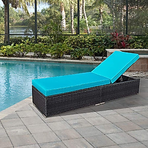Outdoor PE Wicker Chaise Lounge, Patio Lounge Chair Adjustable Reclining Chair for Pool with Removable Cushion, Black and Blue