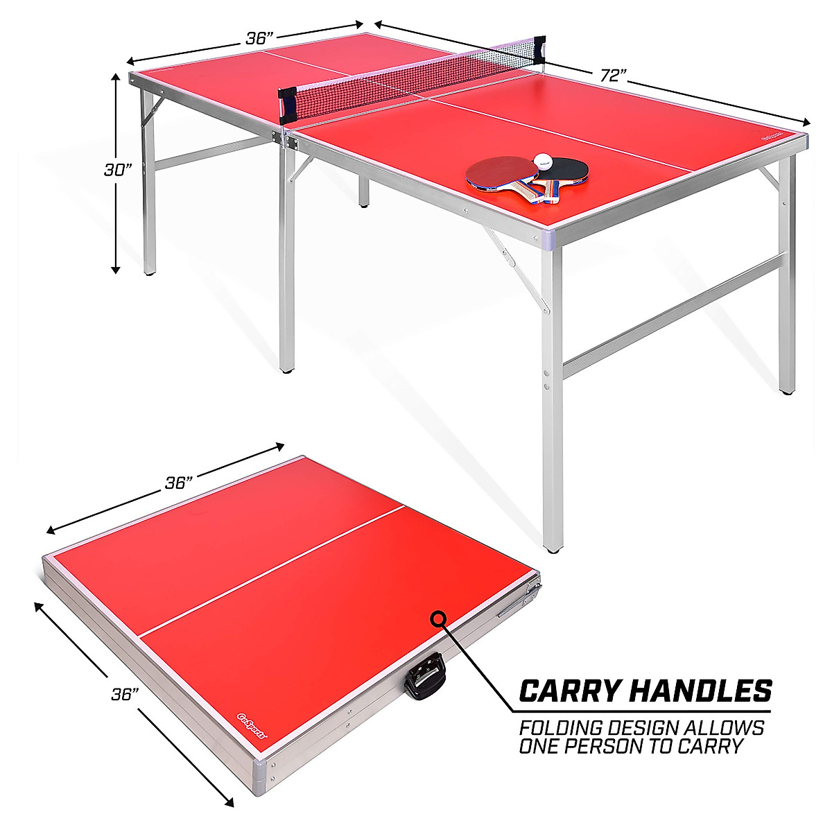 GoSports Mid-Size Table Tennis Game Set - Indoor/Outdoor Portable Table Tennis Game with Net, 2 Table Tennis Paddles and 4 Balls,Red
