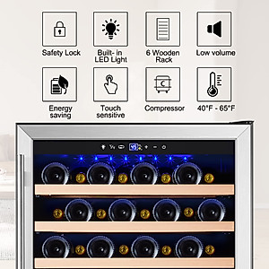 Tylza 24 Inch Wine Cooler Refrigerator 51 Bottle Built-in or Freestanding 24'' Fridge with Stainless Steel & Double Layer Tempered Glass Door and Temperature Memory Function