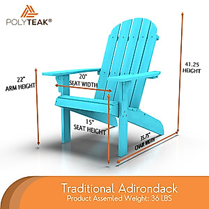 PolyTEAK Adirondack Chair, Premium Weather Resistant Poly Lumber, Outdoor Patio Furniture, Up to 300 lbs, Plastic Adirondack Chairs for Porch, Deck, & Pool Side (Traditional, Blue)