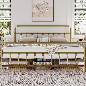 Yaheetech Classic Metal Platform Bed Frame Mattress Foundation with Victorian Style Iron-Art Headboard/Footboard/Under Bed Storage/No Box Spring Needed/King Size Antique Gold
